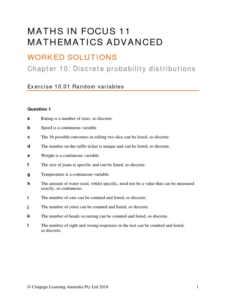 Maths in Focus Worked Solutions Yr 11 Adv Ch10 | PDF | Probability Distribution | Variance