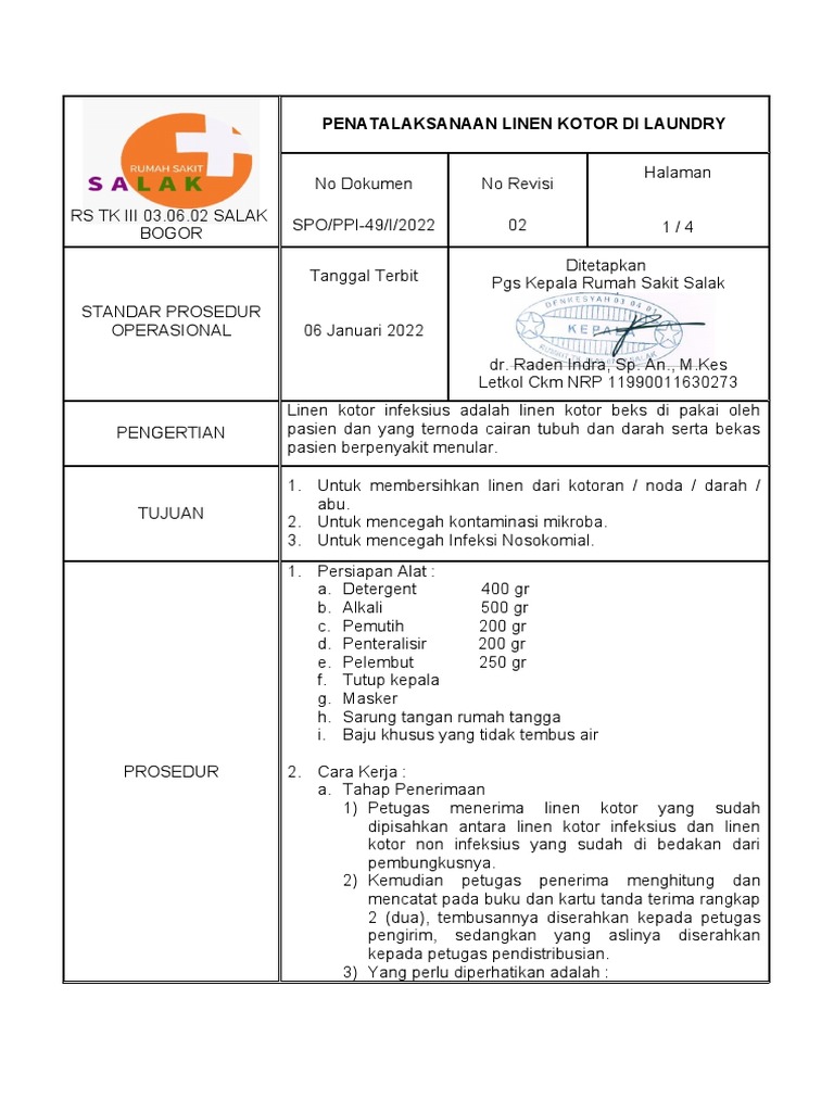 Spo Penatalaksanaan Linen Kotor Di Laundry | PDF