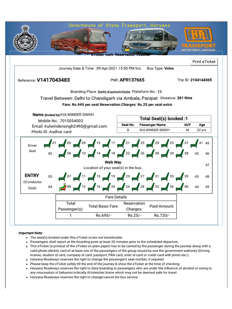 Haryana Roadways eTicket Information | PDF | Ticket (Admission ...