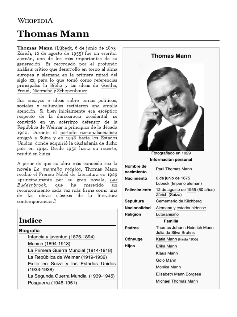 Thomas Mann - Wikipedia, La Enciclopedia Libre | PDF