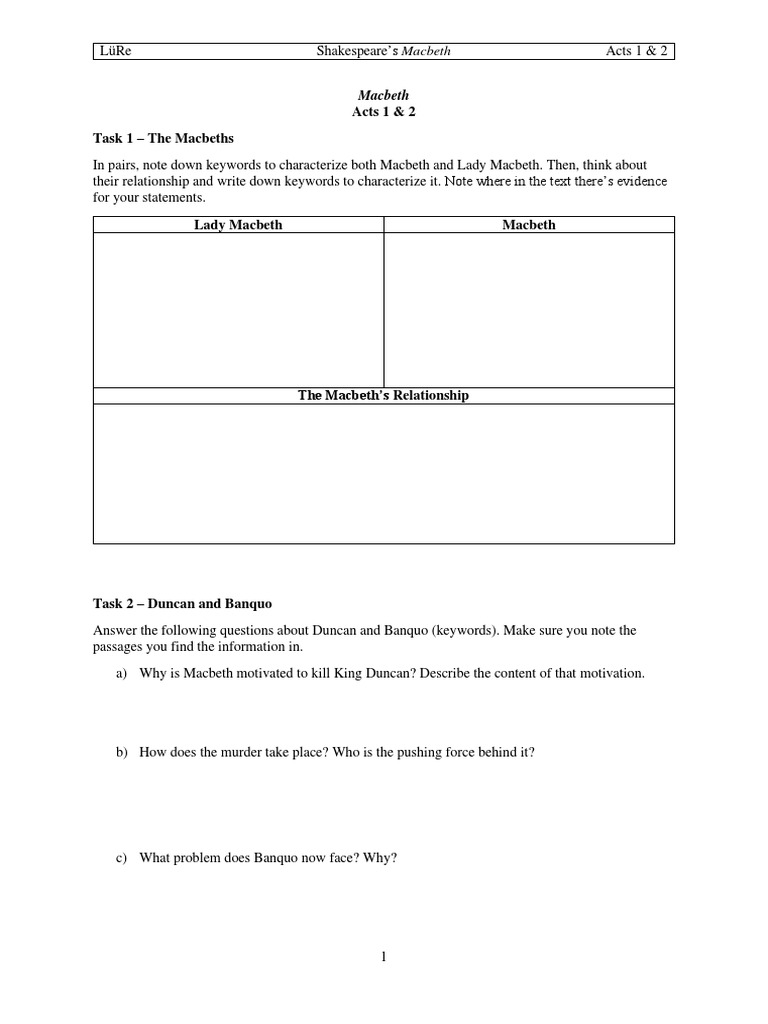 Shakespeare Macbeth Week2 Act1-2 WS | PDF | Art | Young Adult