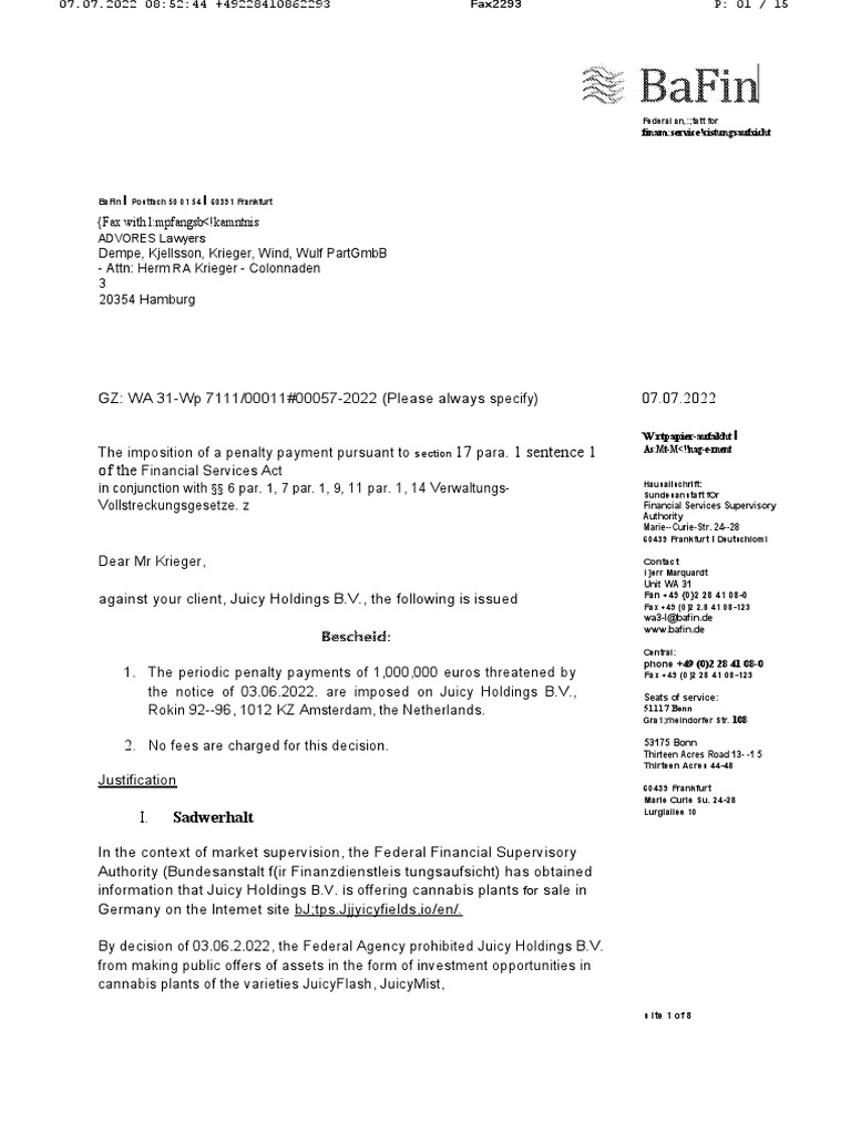 SV BaFin, Bescheid, Zahl.1 Mio EUR Engl | PDF | Investor | Regulatory ...