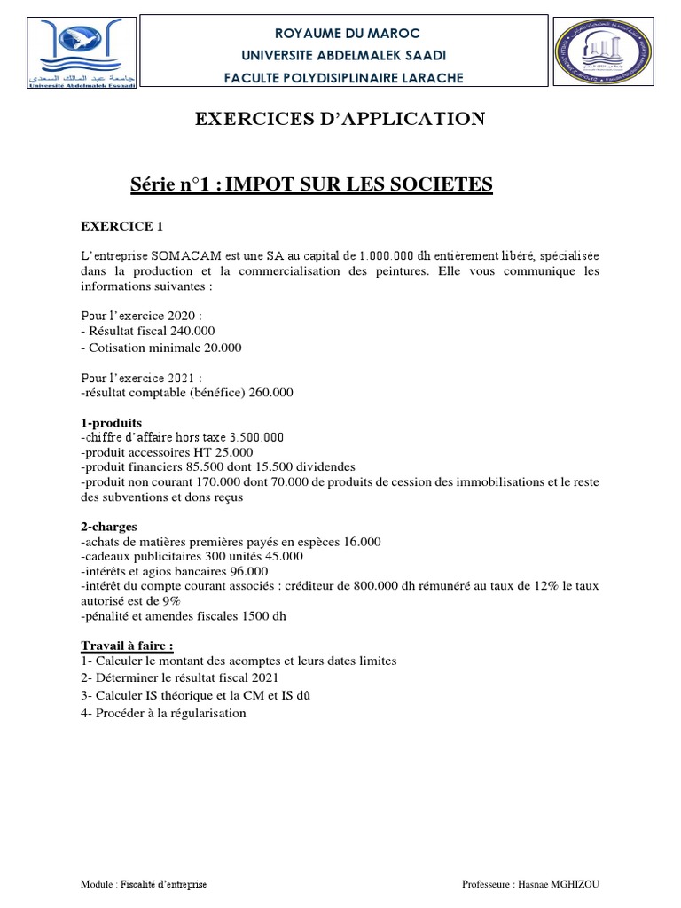 Exercices Dapplication Fiscalite | PDF | Dépréciation | Taxe sur la valeur ajoutée