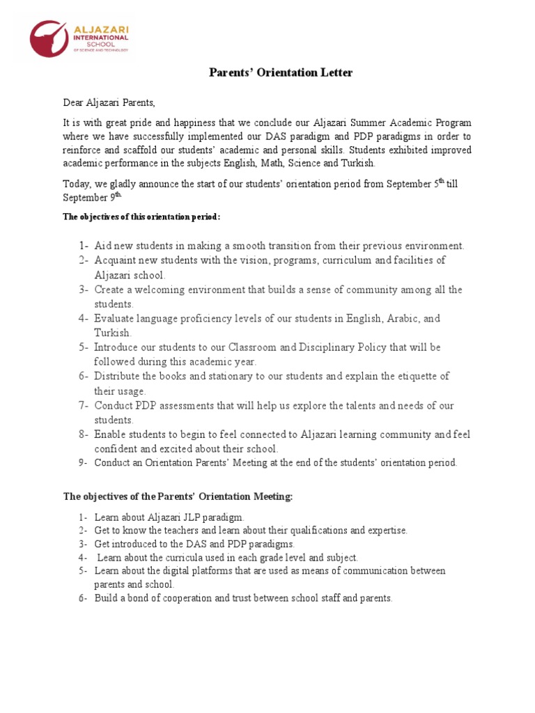 Aljazari Parents' Orientation Letter | PDF | Curriculum | Communication