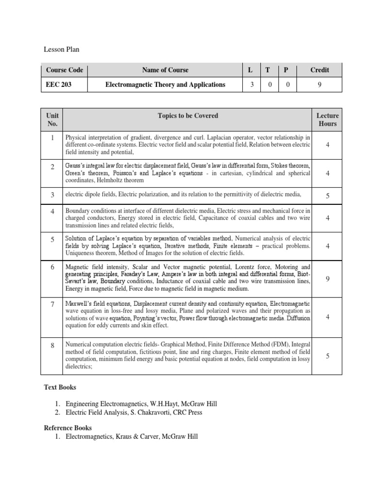 EEC 203 Lesson Plan | PDF | Electric Field | Magnetic Field