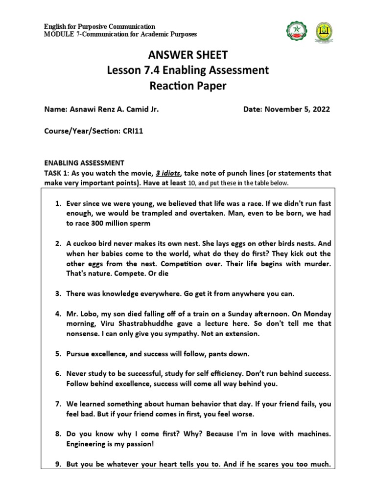 Module 7-Enabling Assessment Answer Sheet-Lesson 7.4-3 Idiots | PDF