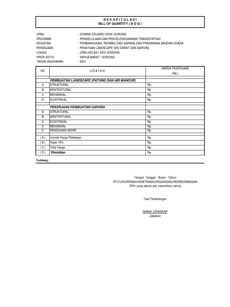 Boq Penataan Landscape Sisi Darat Dan Gapura | PDF
