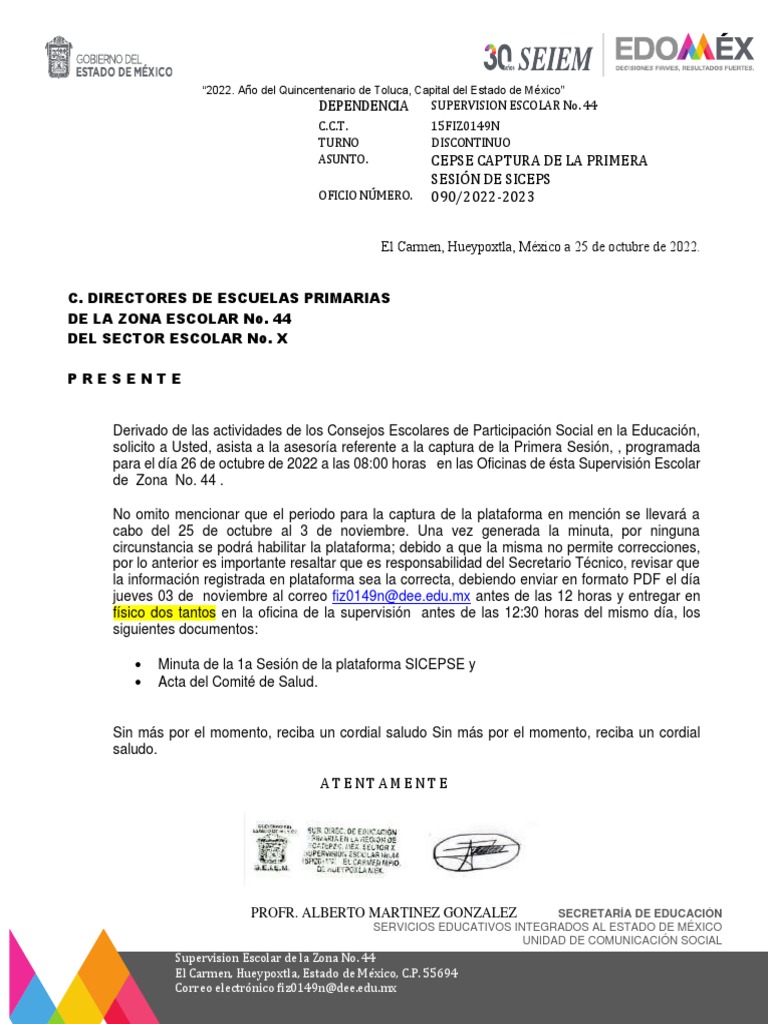 OFICIO 091 22 - 23 CEPSE Caprura de La Primera Sesión de SICEPS | PDF ...