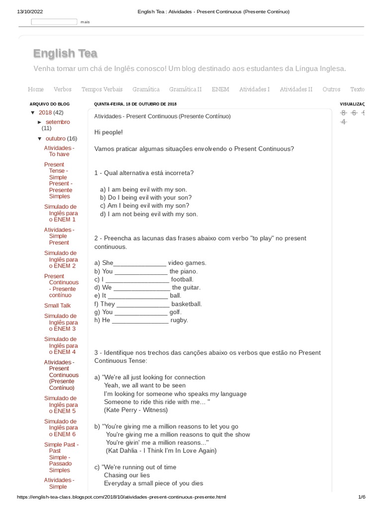 English Tea - Atividades - Present Continuous (Presente Contínuo) | PDF