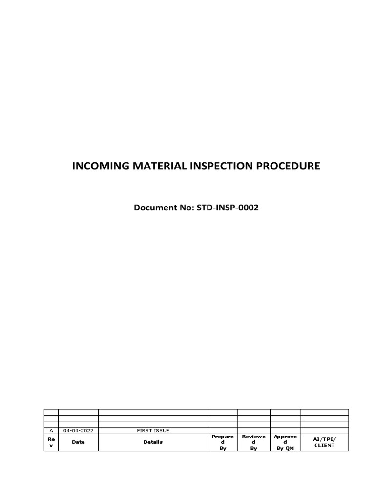 Std-Insp-0002 (Incoming Material Inspection Procedure) | PDF | Pipe (Fluid Conveyance ...