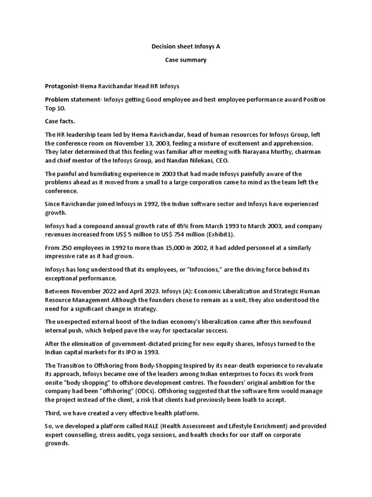 Infosys-A Case Study Decision Sheet | PDF | Employment | Job Satisfaction