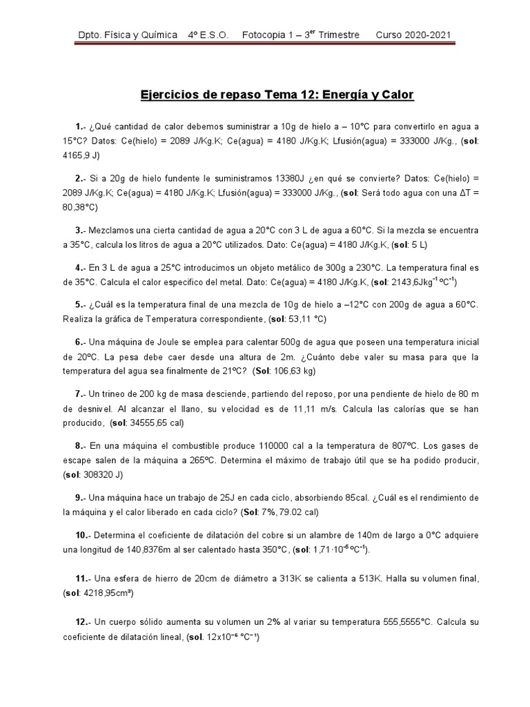 Ejercicios de Repaso Energía y Calor | PDF