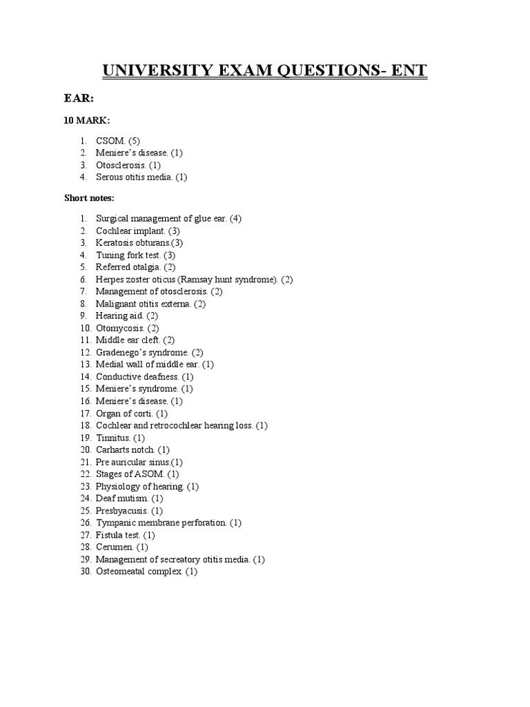 Ent Question | PDF | Ear | Human Nose