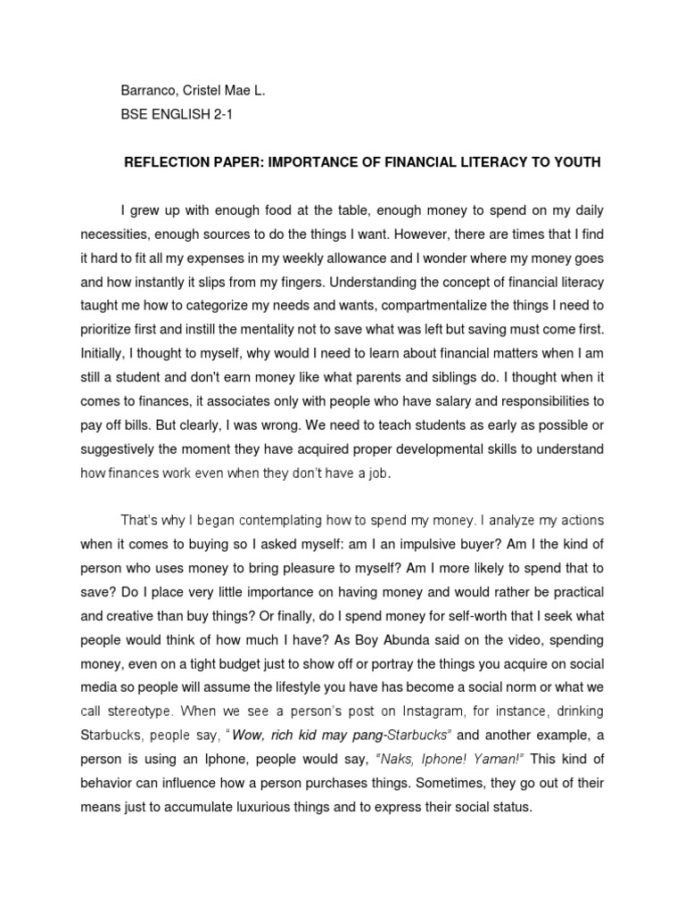 Reflection Paper: Importance of Financial Literacy To Youth | PDF ...
