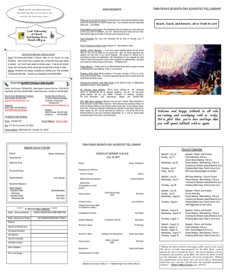 Bulletin For July 16, 2011 | PDF | Seventh Day Adventist Church | Shabbat