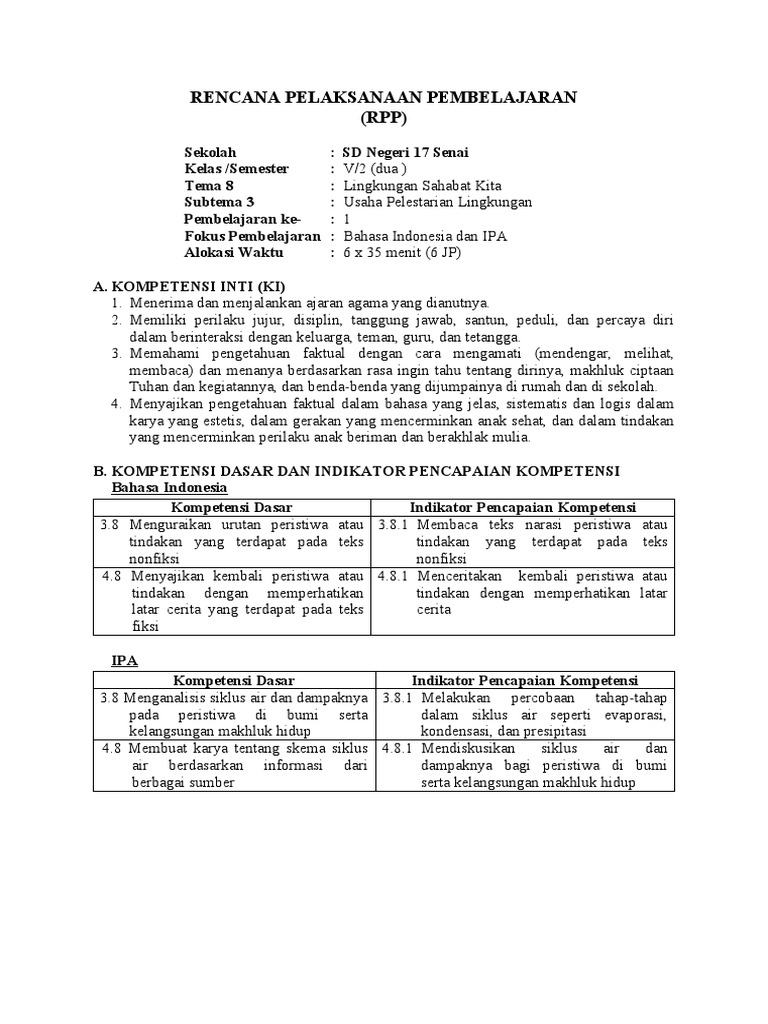 B - Planning 20 - Lingkungan Contoh RPP Kelas 5 Semseter 2, Tema 8, Subtema 3, Pembelajaran ...