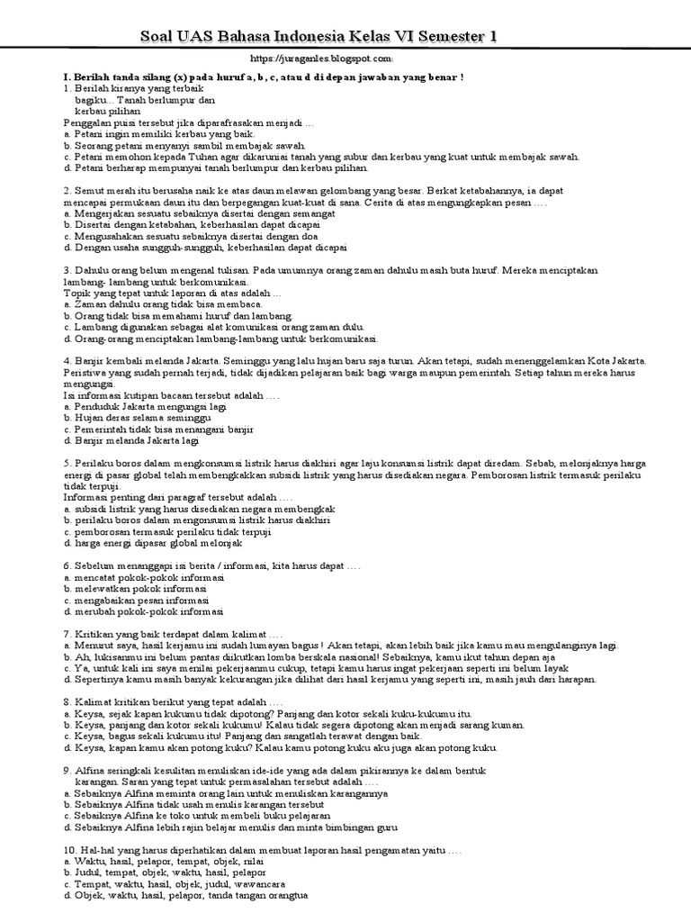 Soal UAS Bahasa Indonesia Kelas VI Semester 1 | PDF