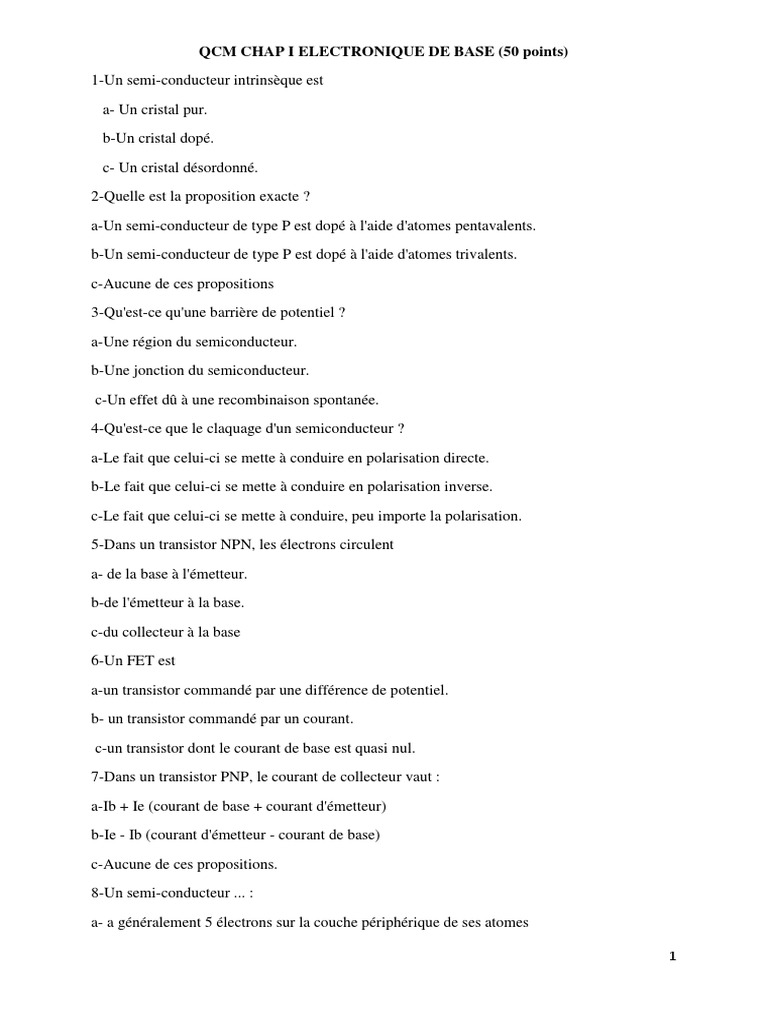 QCM CHAP I ELECTRONIQUE DE BASEdocx | PDF