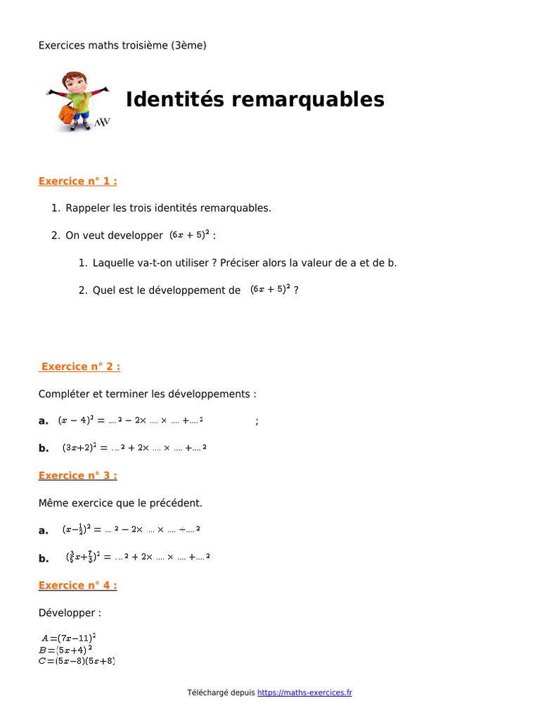 Identites Remarquables Exercices de Maths en Troisieme 3eme | PDF