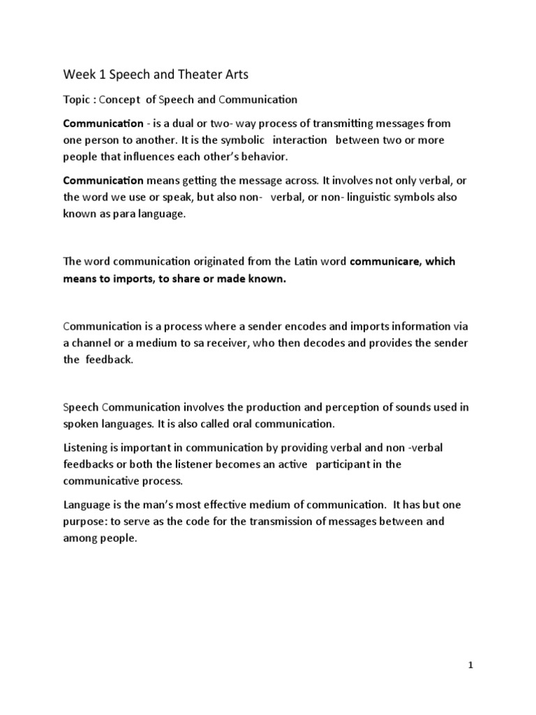 Week 1 Speech and Theater Arts | PDF | Communication | Speech