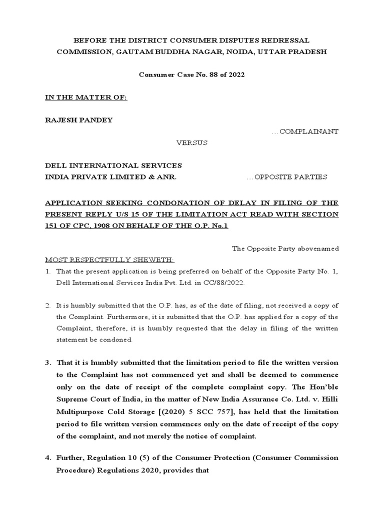 Delay Condonation Application in Consumer Case | PDF | Complaint | Justice