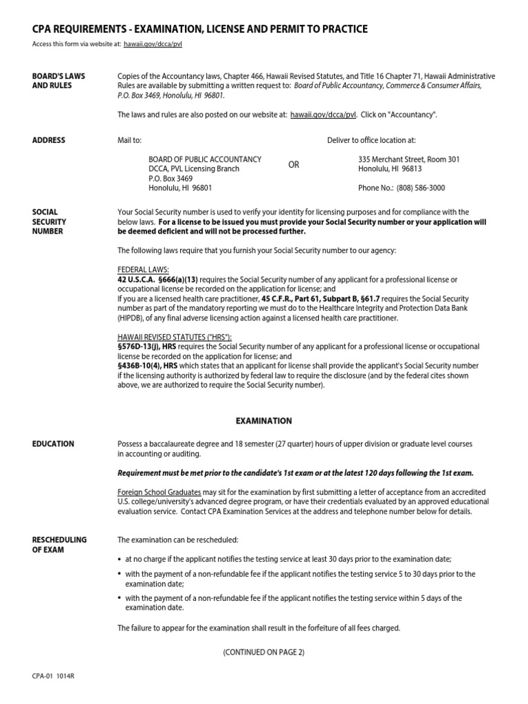 CPA Requirements Exam Lic Permit To Practice CPA 01 - 10.14R | PDF