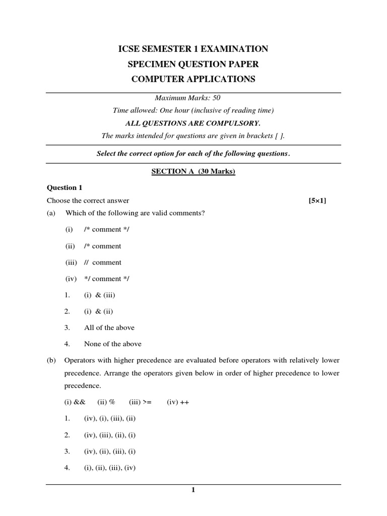 ICSE Computer Applications Question Paper (Sem 1) 2022 | PDF