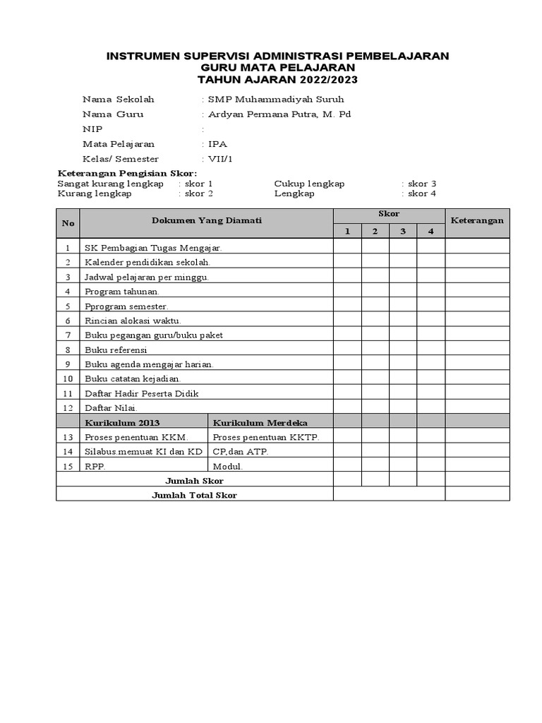 1a - k13 - Kurmer - Instrumen Supervisi Adm Pembelajaran Guru Mapel | PDF
