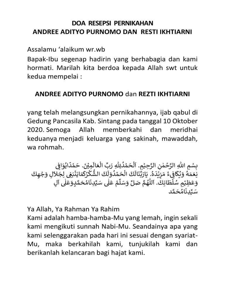 DOA Resepsi Pernikahan Andree Dan Resti | PDF