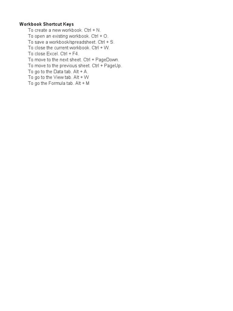 Essential Excel Workbook Shortcuts | PDF | Computers