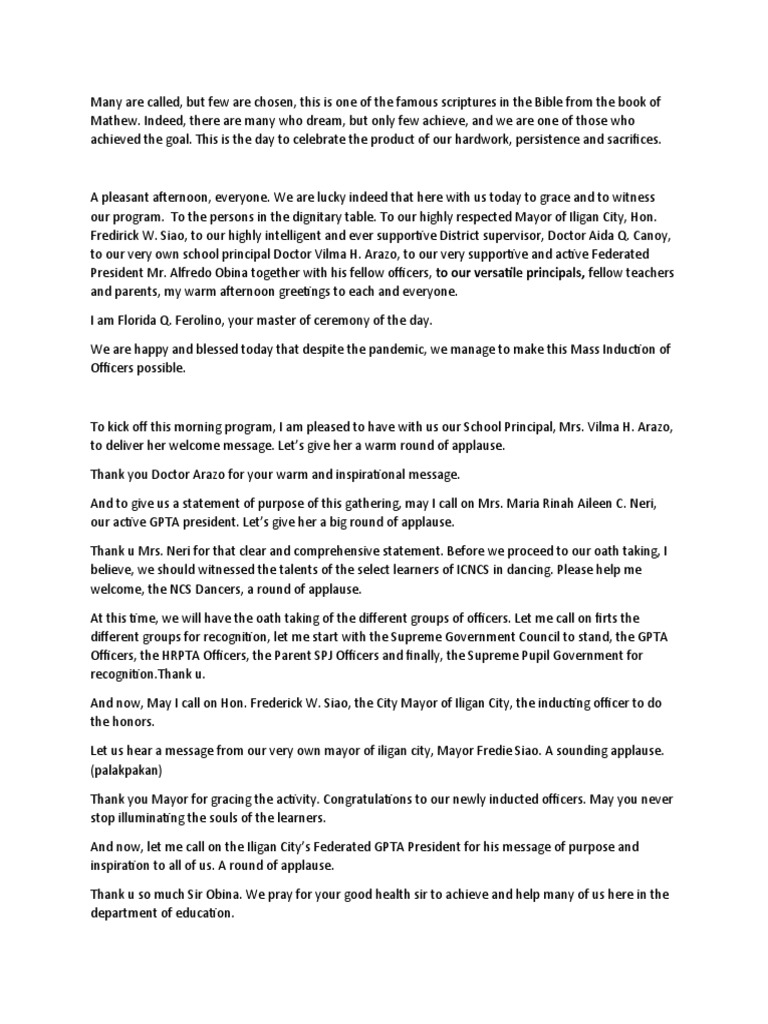 Emcees' Script For Induction of Officers | PDF