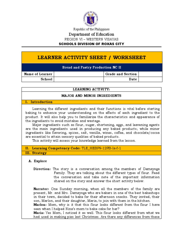 Activity Sheet On Major and Minor Ingredients | PDF
