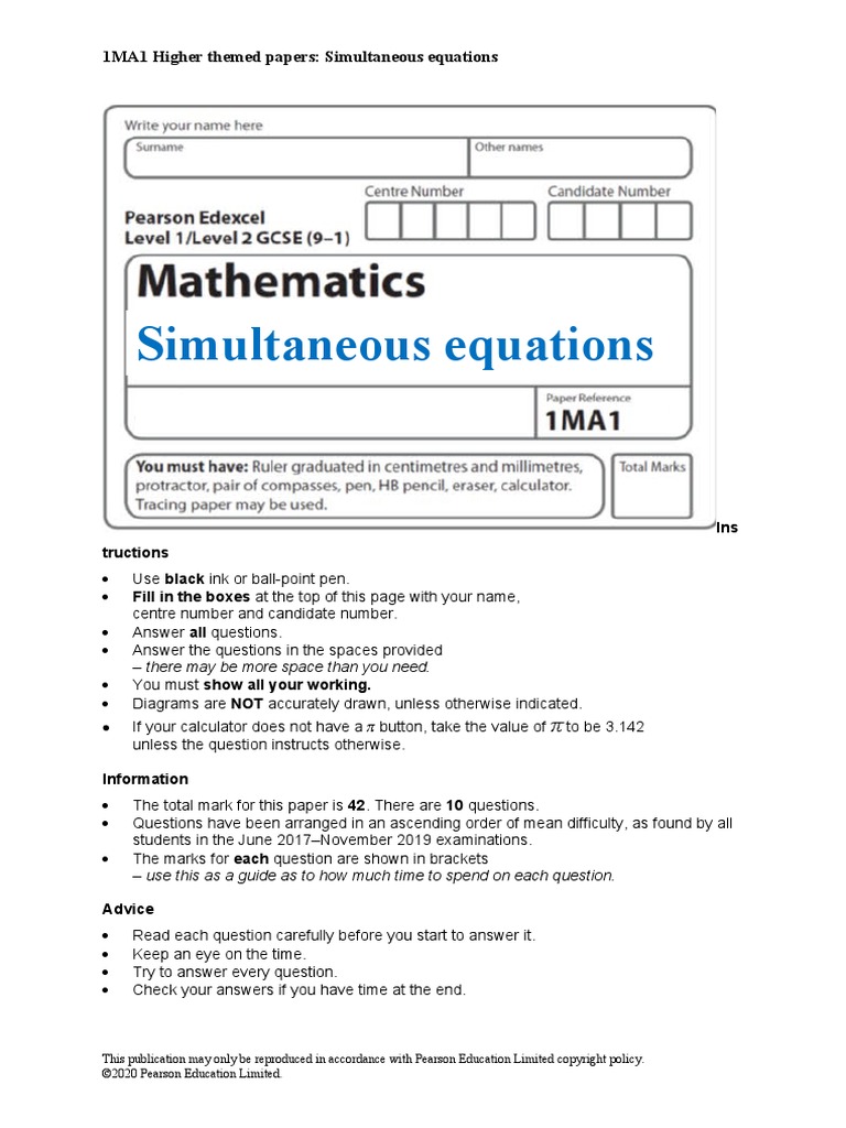 38a Simultaneous Equations - H - Question Paper | PDF | Equations ...