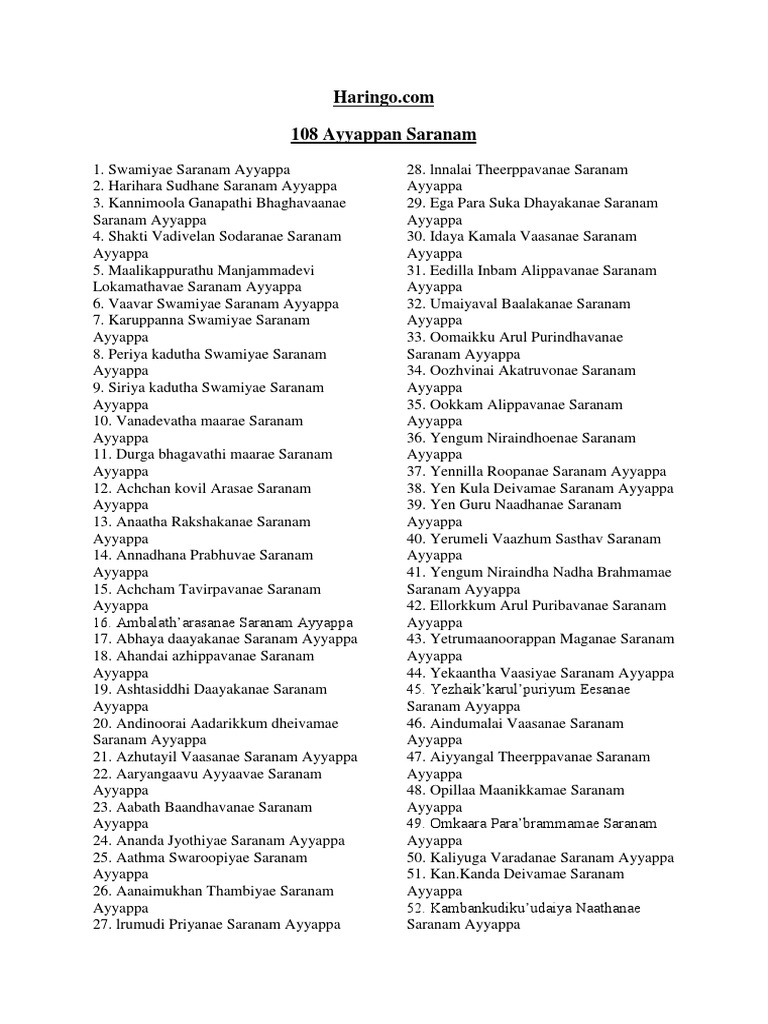 108 Ayyappan Saranam English | PDF | Hindu Theology | Hindu Deities