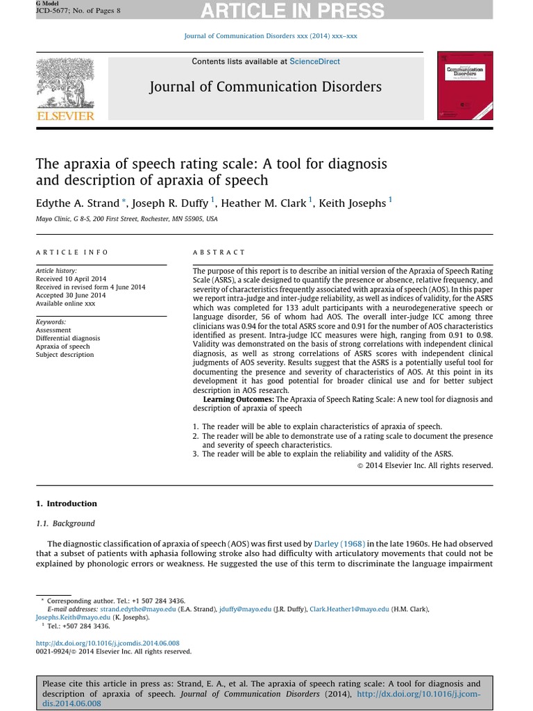 Journal of Communication Disorders: Edythe A. Strand, Joseph R. Duffy ...