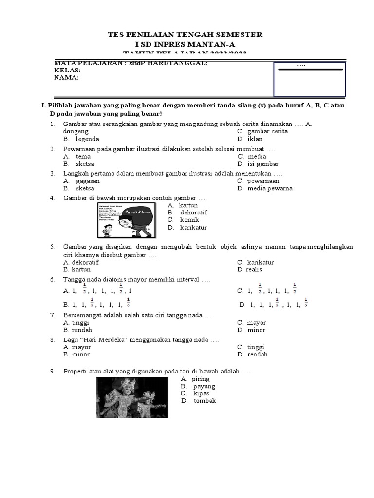 Soal PTS SBDP Kelas 5 Semester 1 Tahun 2022 | PDF