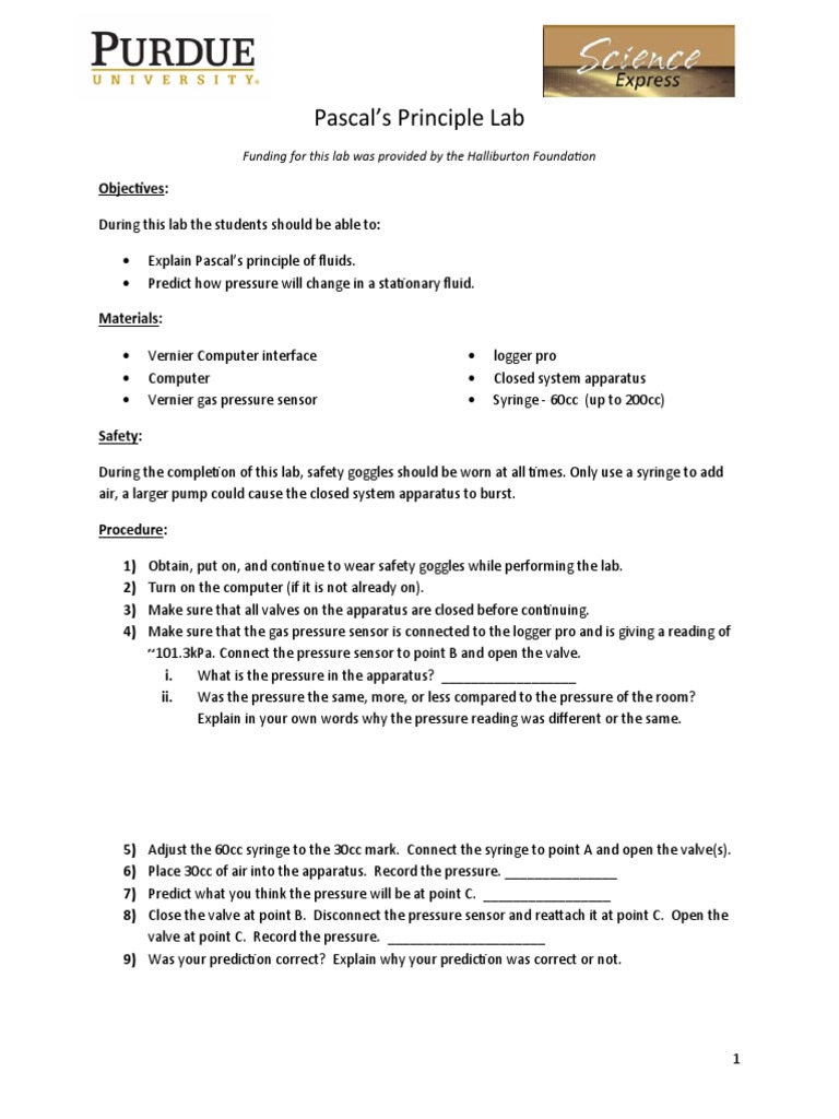 Pascal's Principle Lab: Pressure Changes Equally | PDF | Pressure ...