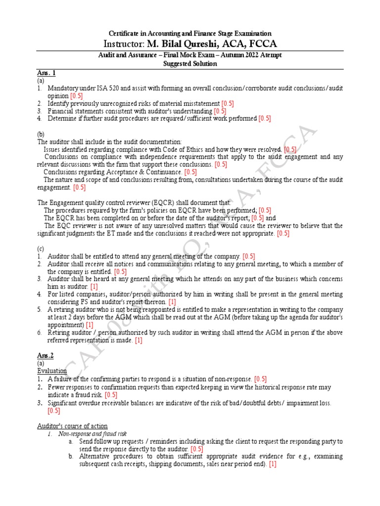 Audit and Assurance Mock Exam Solutions | PDF