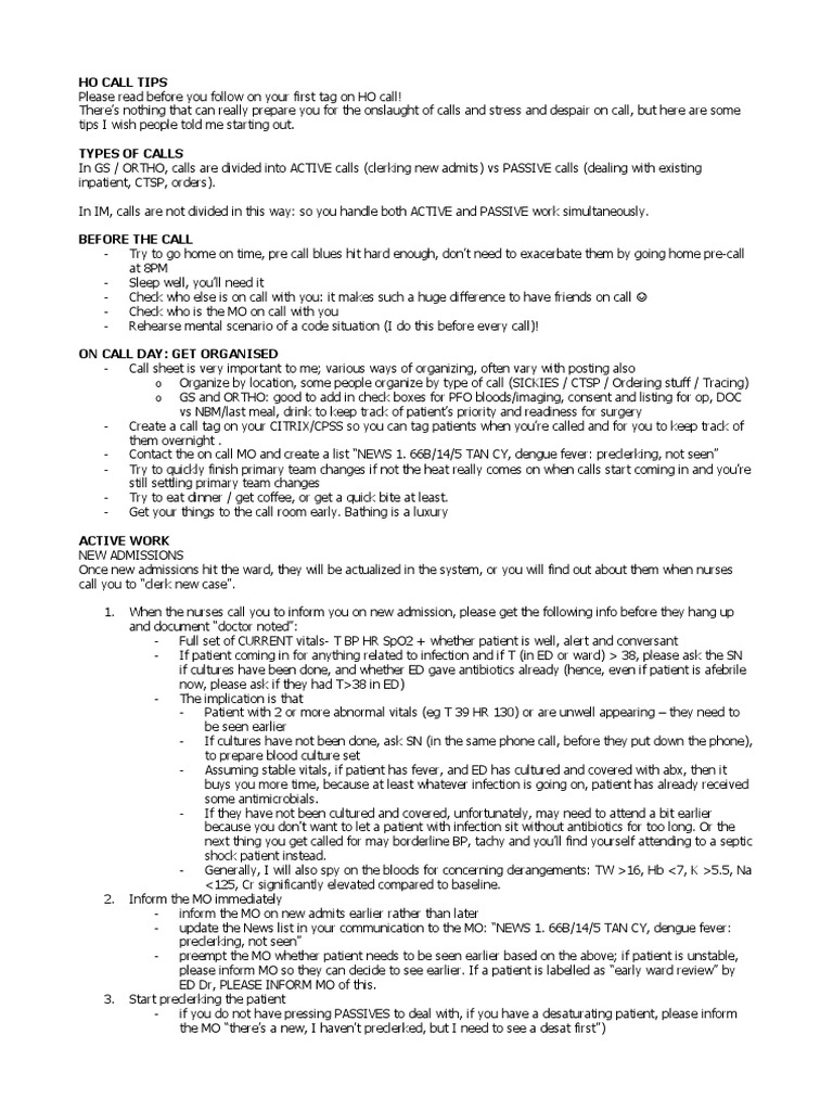 HO Call Tips | PDF | Cardiopulmonary Resuscitation | Causes Of Death