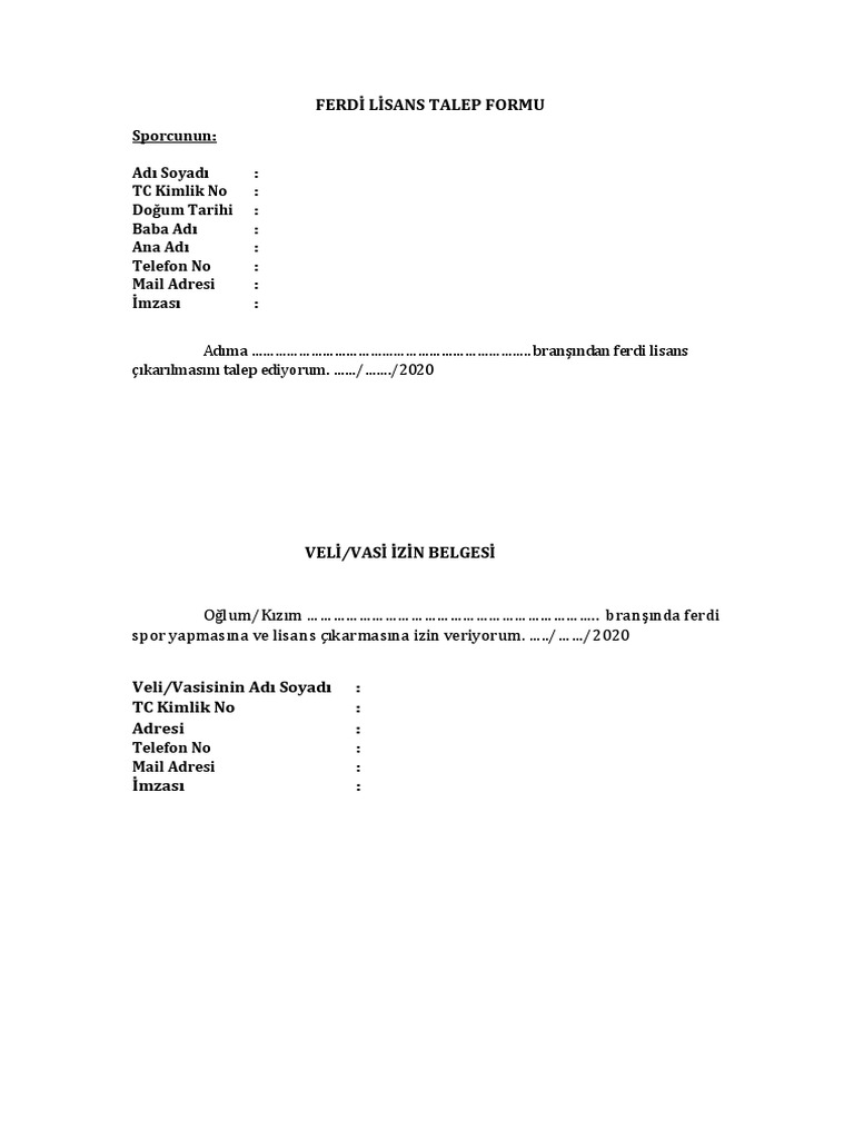 Ferdi Lisans Talep Formu Ve Veli İzin Belgesi | PDF