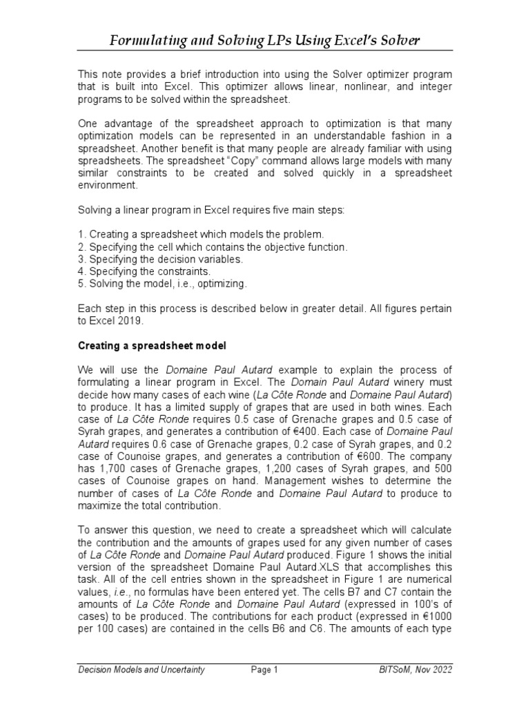 Formulating and Solving LPs Using Excel Solver | PDF | Mathematical Optimization | Microsoft Excel