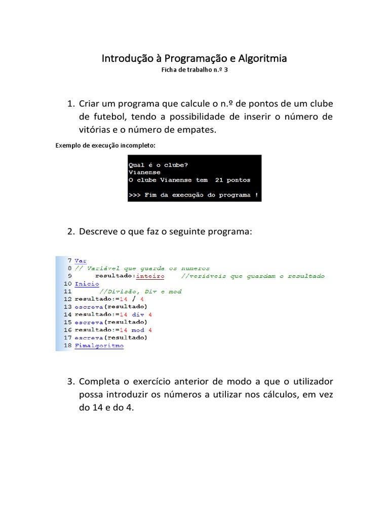 Ficha Trabalho 3 | PDF | Algoritmos