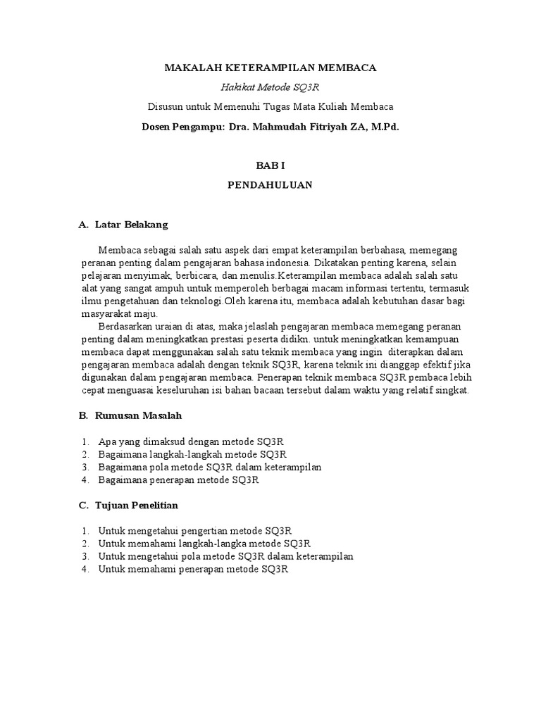 Makalah Hakikat Metode SQ3R Keterampilan Membaca | PDF