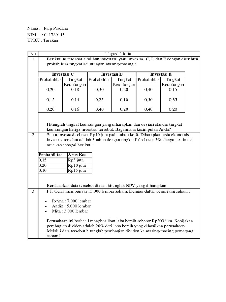 Panji Pradana - Ekma4213 - Tugas 3 - 041789115 | PDF | Pengelolaan Keuangan & Uang | Metode ...