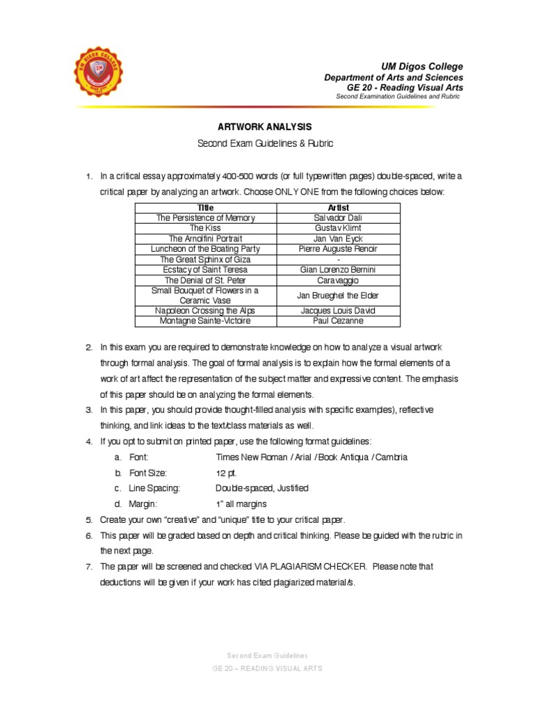 2022 Ge 20 Second Exam Artwork Analysis Guidelines Rubric | PDF | Cognition