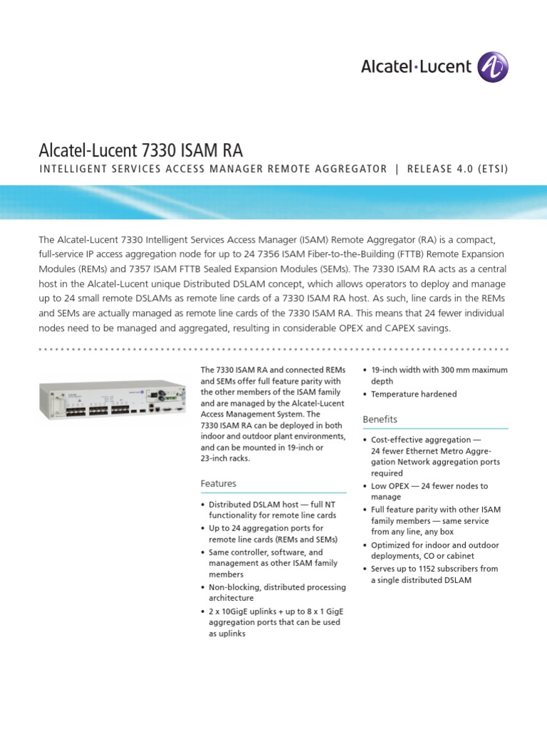 Alcatel-Lucent 7330 ISAM RA Datasheet | PDF | Digital Subscriber Line ...
