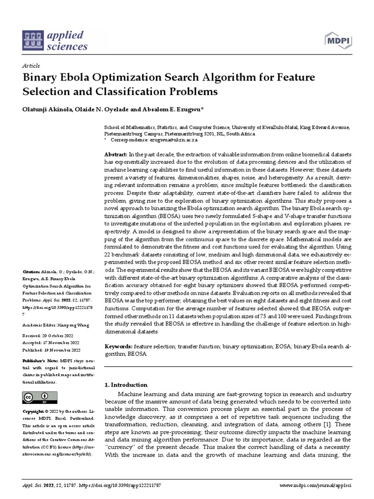 Binary Ebola Optimization Search Algorithm For Feature Selection And Classification Problems Pdf