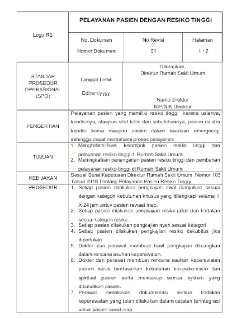 Sop Pelayanan Pasien Dengan Resiko Tinggi Pdf