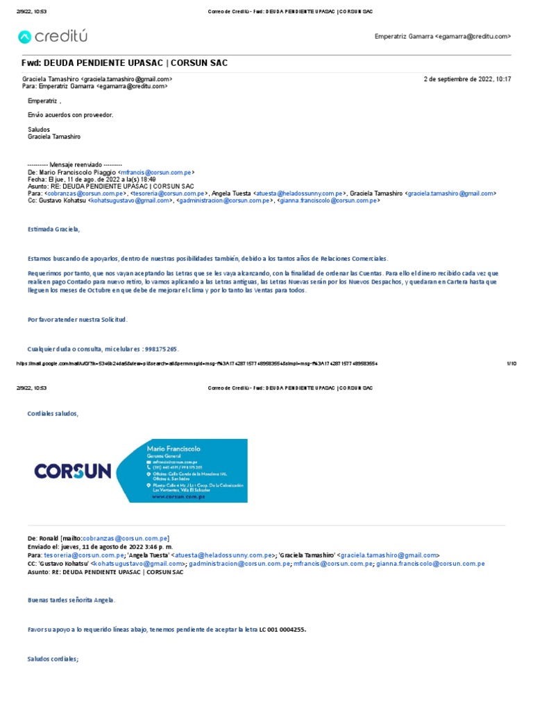 ACUERDO CON PROVEEDOR CORSUN SAC FWD - DEUDA PENDIENTE UPASAC | PDF