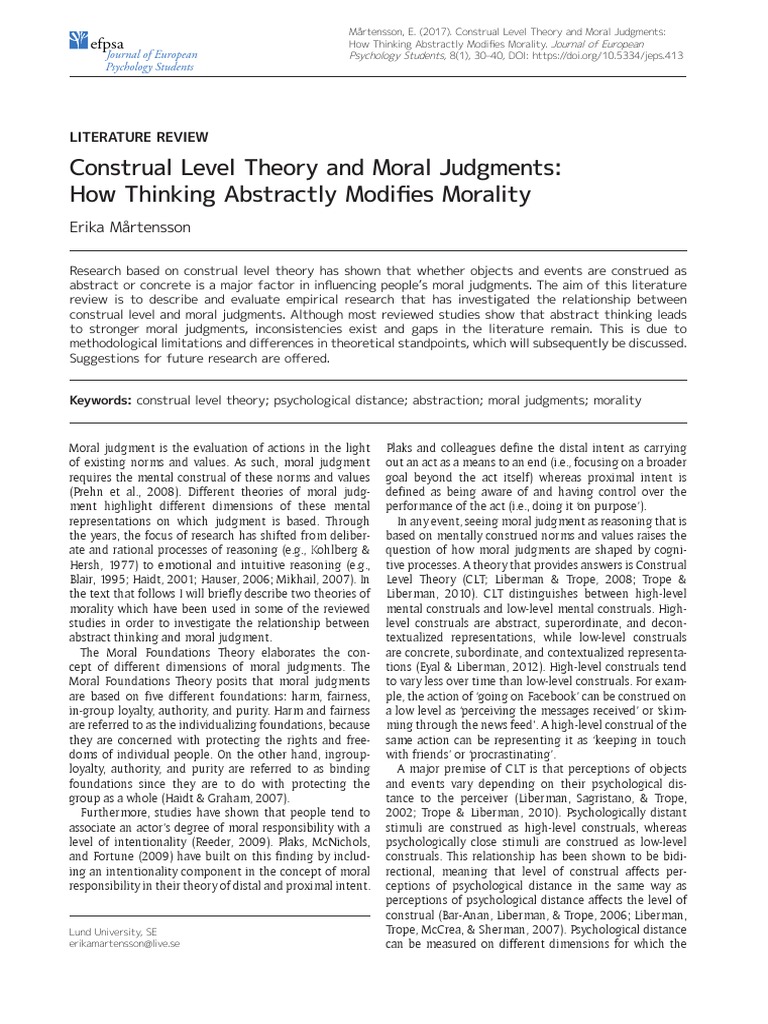 Martensson (2017) Construal Level Theory and Moral Judgments | PDF ...
